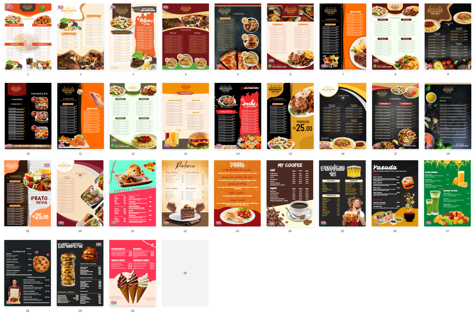CARDÁPIOS 01 – 30 TEMPLATES CANVA - Mega Pack do Designer Legacy